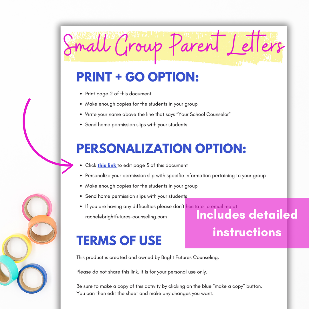 School Counseling Group Parent Letters + Permission Slips