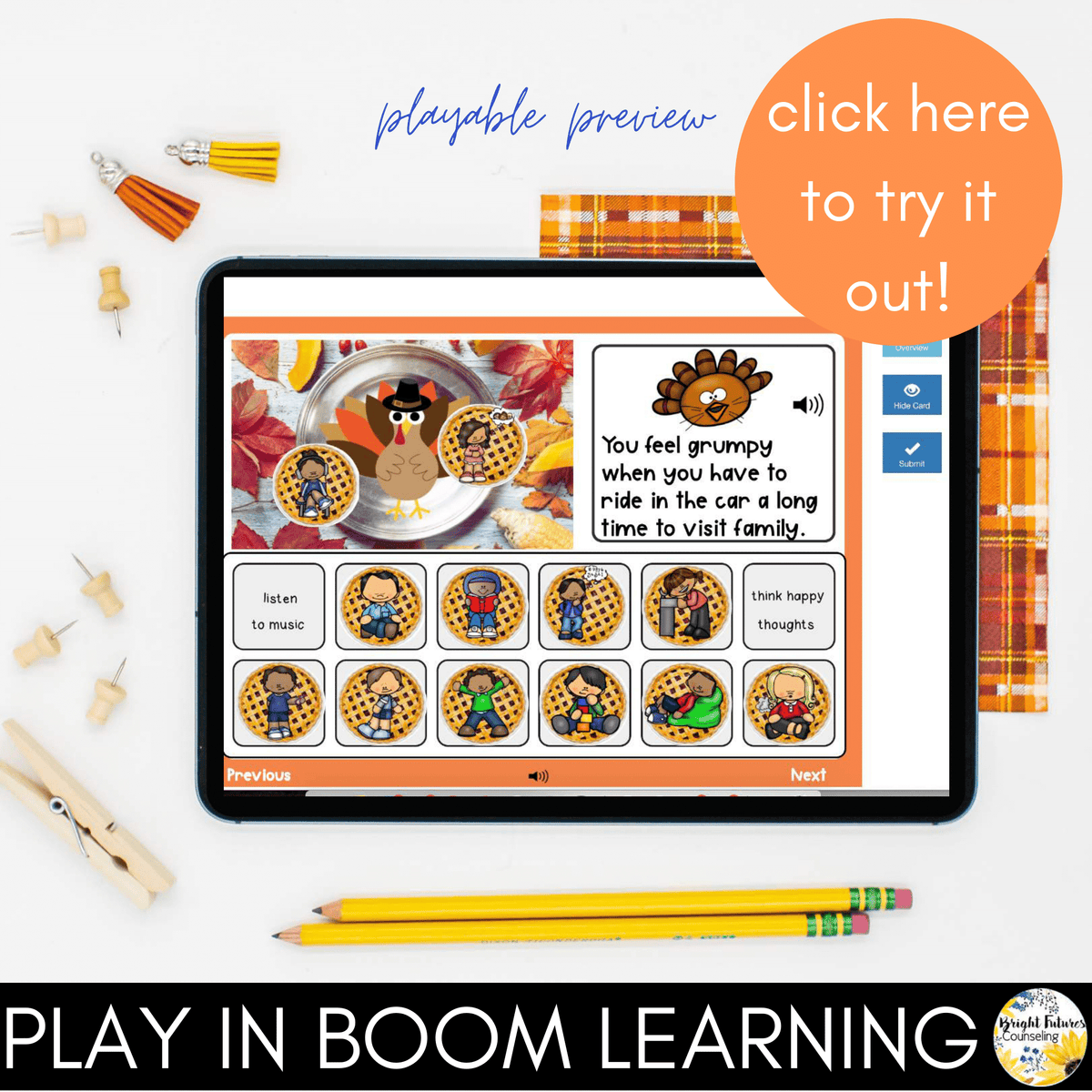 Distance Learning Thanksgiving Coping Strategies - Boom Cards and Goog